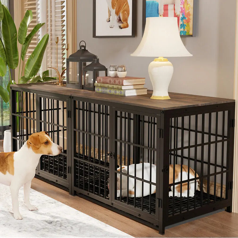 Furniture Style Dog Crate Metal and Wood, Pet Kennel End Table with Th ...